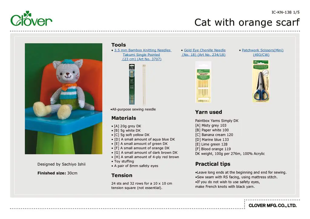 Cat with orange scarf - Knitting - Projects - CLOVER